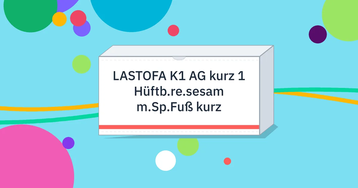 Symbolbild: Packung mit der Aufschrift LASTOFA K1 AG kurz 1 Hüftb.re.sesam m.Sp.Fuß kurz (PZN 13797425) – Verfügbarkeit und Bezug in Apotheken in Frankfurt am Main