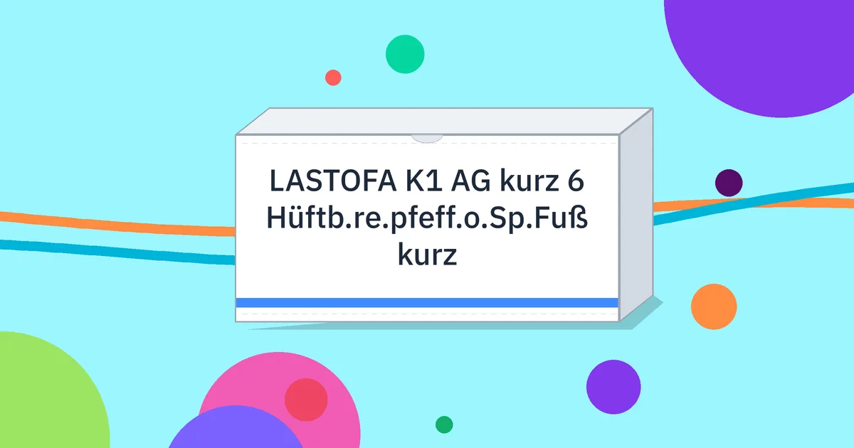 Symbolbild: Packung mit der Aufschrift LASTOFA K1 AG kurz 6 Hüftb.re.pfeff.o.Sp.Fuß kurz (PZN 13799358) – Verfügbarkeit und Bezug in Apotheken in Frankfurt am Main