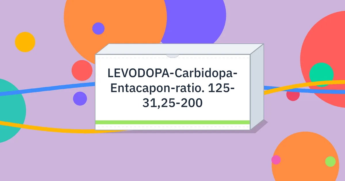 Symbolbild: Packung mit der Aufschrift LEVODOPA-Carbidopa-Entacapon-ratio. 125-31,25-200 (PZN 10221788) – Verfügbarkeit und Bezug in Apotheken in Frankfurt am Main