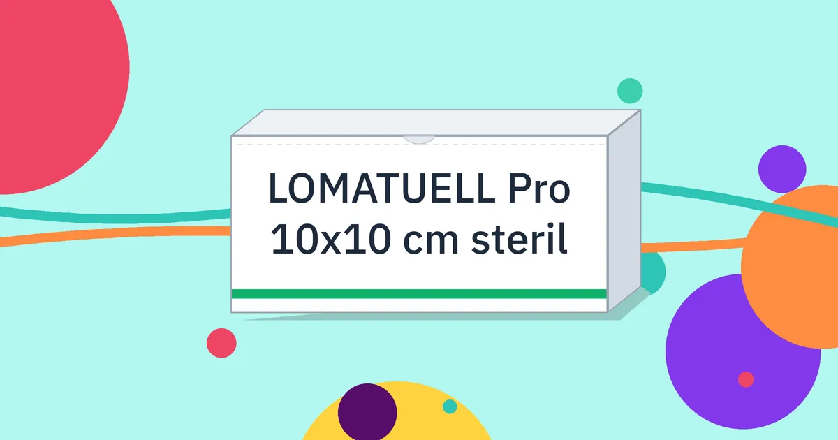 Symbolbild: Packung mit der Aufschrift LOMATUELL Pro 10x10 cm steril (PZN 19346907) – Verfügbarkeit und Bezug in Apotheken in Frankfurt am Main