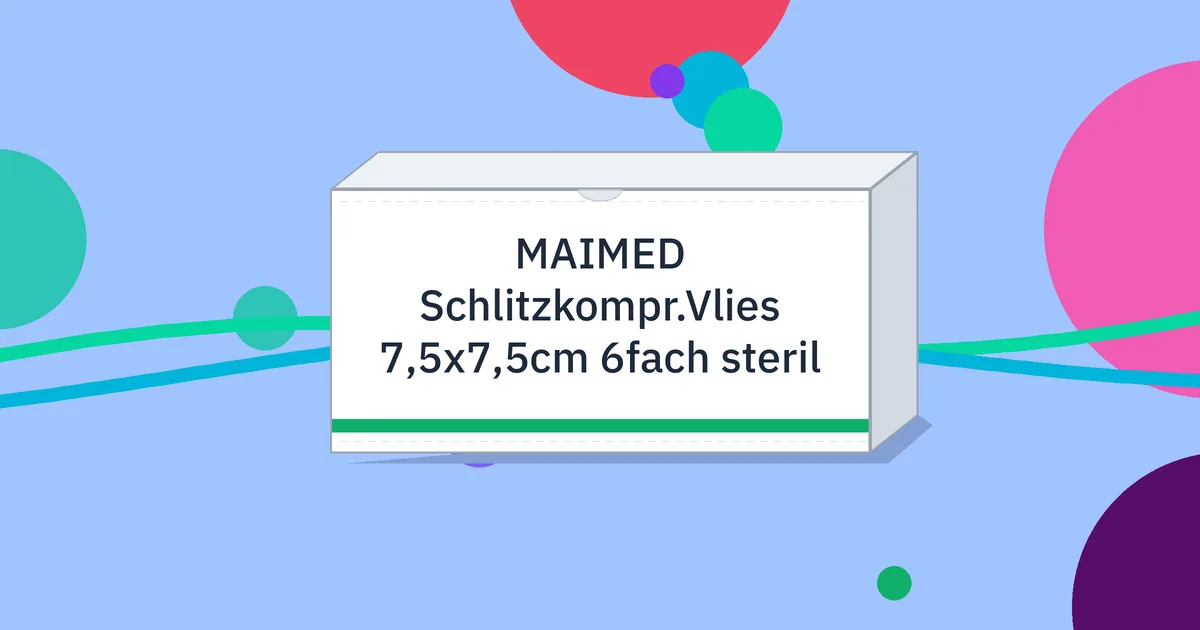 Symbolbild: Packung mit der Aufschrift MAIMED Schlitzkompr.Vlies 7,5x7,5cm 6fach steril (PZN 02299919) – Verfügbarkeit und Bezug in Apotheken in Frankfurt am Main