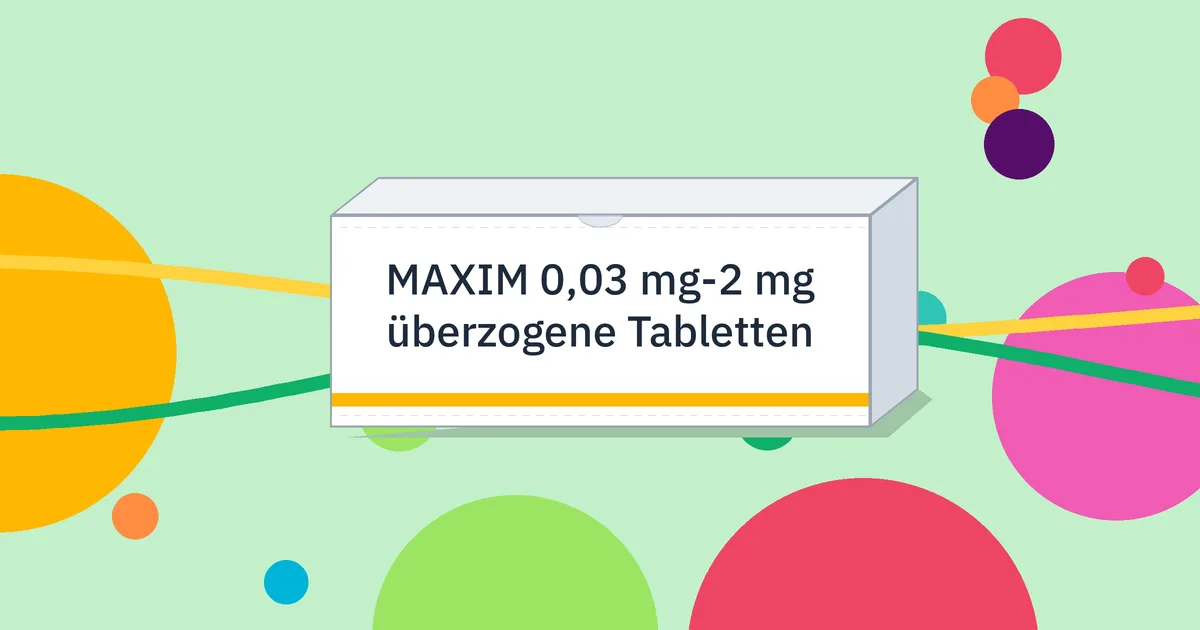 Symbolbild: Packung mit der Aufschrift MAXIM 0,03 mg-2 mg überzogene Tabletten (PZN 06575339) – Verfügbarkeit und Bezug in Apotheken in Frankfurt am Main