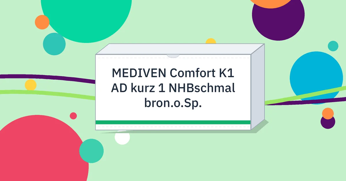 Symbolbild: Packung mit der Aufschrift MEDIVEN Comfort K1 AD kurz 1 NHBschmal bron.o.Sp. (PZN 14557775) – Verfügbarkeit und Bezug in Apotheken in Frankfurt am Main