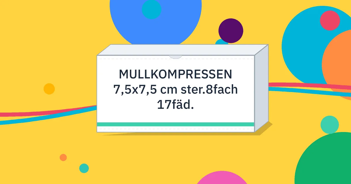 Symbolbild: Packung mit der Aufschrift MULLKOMPRESSEN 7,5x7,5 cm ster.8fach 17fäd. (PZN 06929369) – Verfügbarkeit und Bezug in Apotheken in Frankfurt am Main