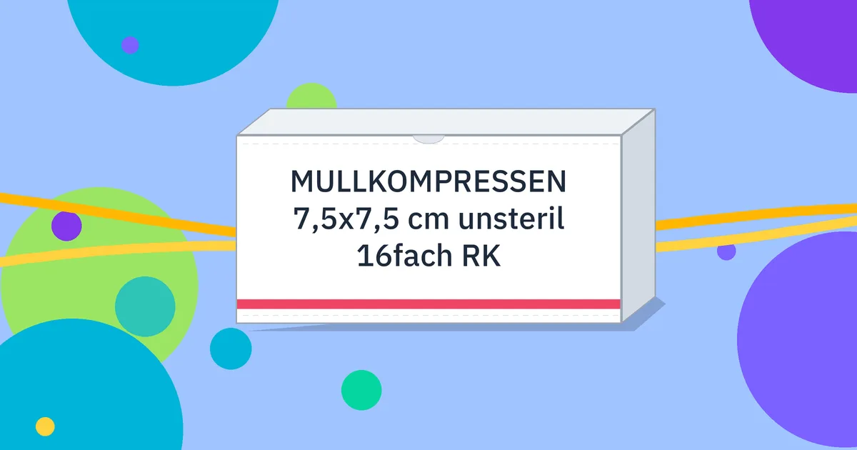 Symbolbild: Packung mit der Aufschrift MULLKOMPRESSEN 7,5x7,5 cm unsteril 16fach RK (PZN 06613755) – Verfügbarkeit und Bezug in Apotheken in Frankfurt am Main