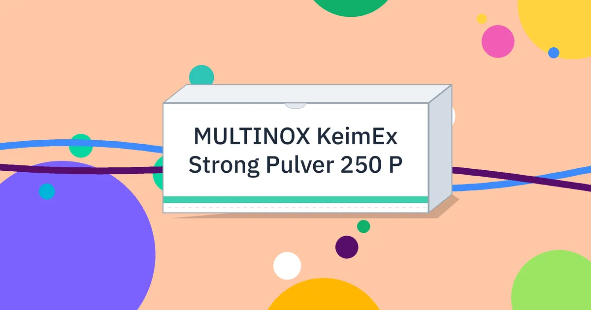 Symbolbild: Packung mit der Aufschrift MULTINOX KeimEx Strong Pulver 250 P (PZN 15393927) – Verfügbarkeit und Bezug in Apotheken in Frankfurt am Main