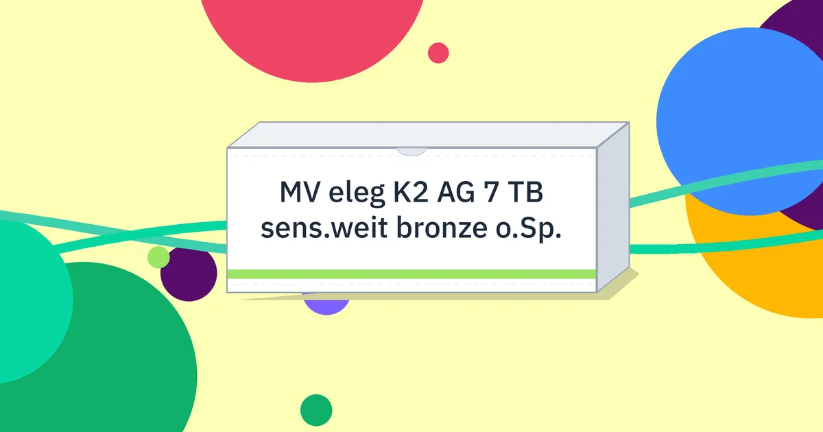 Symbolbild: Packung mit der Aufschrift MV eleg K2 AG 7 TB sens.weit bronze o.Sp. (PZN 14719054) – Verfügbarkeit und Bezug in Apotheken in Frankfurt am Main