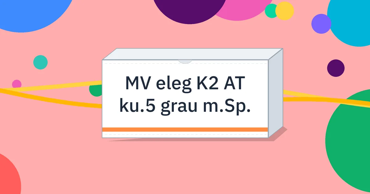 Symbolbild: Packung mit der Aufschrift MV eleg K2 AT ku.5 grau m.Sp. (PZN 18923082) – Verfügbarkeit und Bezug in Apotheken in Frankfurt am Main
