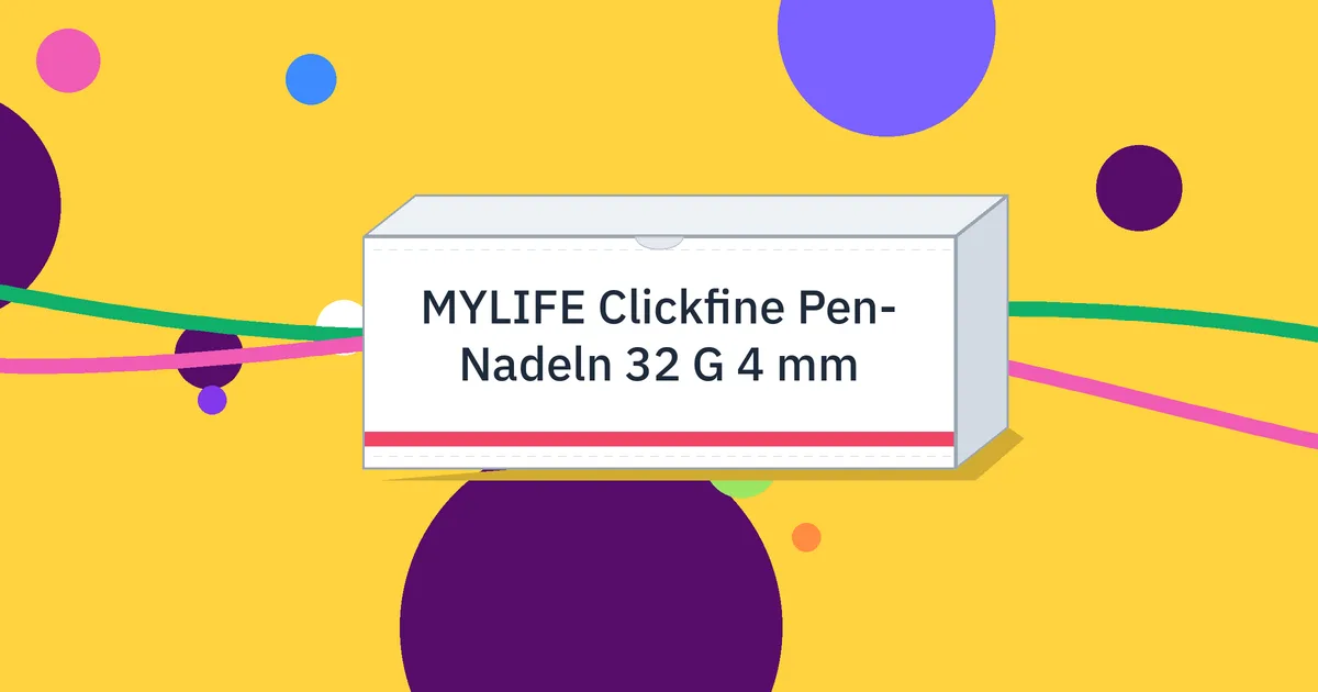 Symbolbild: Packung mit der Aufschrift MYLIFE Clickfine Pen-Nadeln 32 G 4 mm (PZN 01222501) – Verfügbarkeit und Bezug in Apotheken in Frankfurt am Main