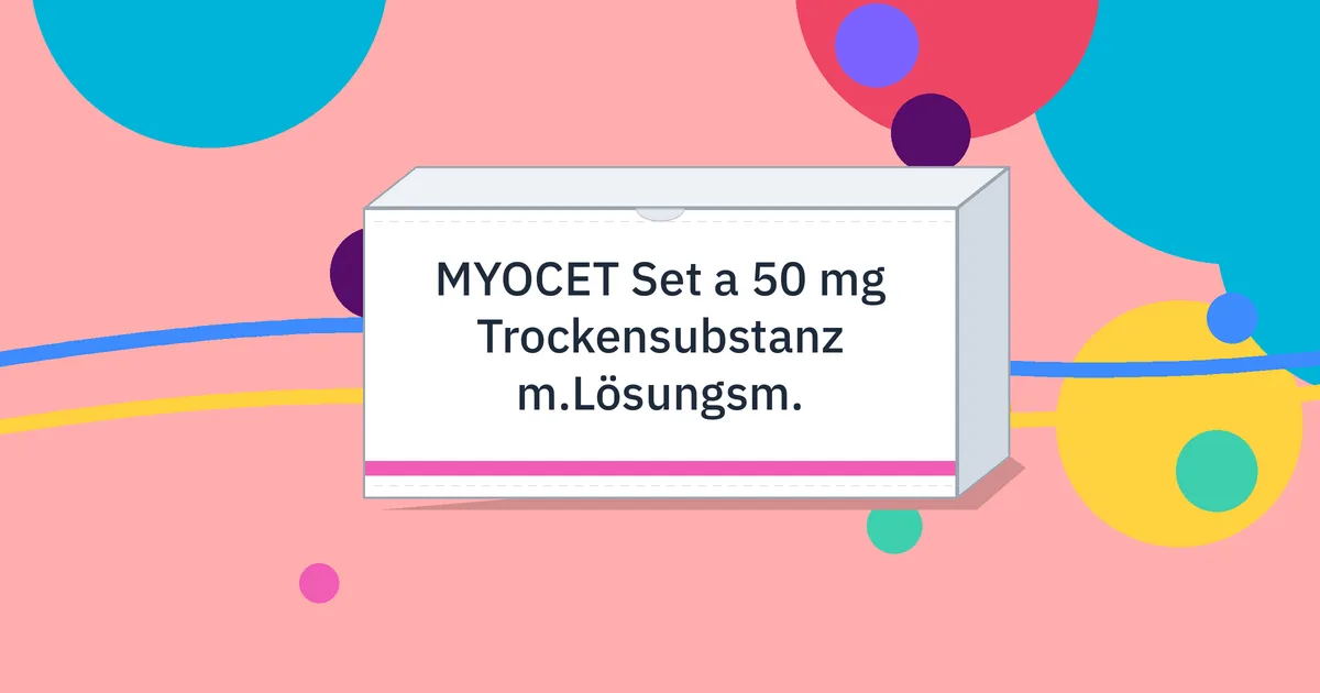 Symbolbild: Packung mit der Aufschrift MYOCET Set a 50 mg Trockensubstanz m.Lösungsm. (PZN 12432762) – Verfügbarkeit und Bezug in Apotheken in Frankfurt am Main