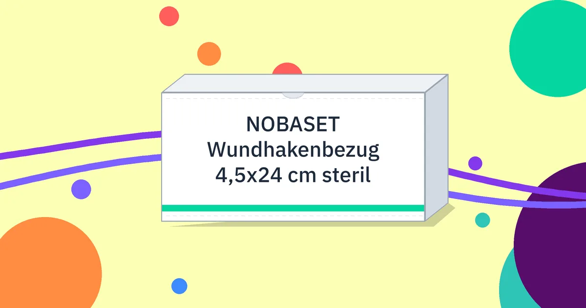 Symbolbild: Packung mit der Aufschrift NOBASET Wundhakenbezug 4,5x24 cm steril (PZN 17824923) – Verfügbarkeit und Bezug in Apotheken in Frankfurt am Main