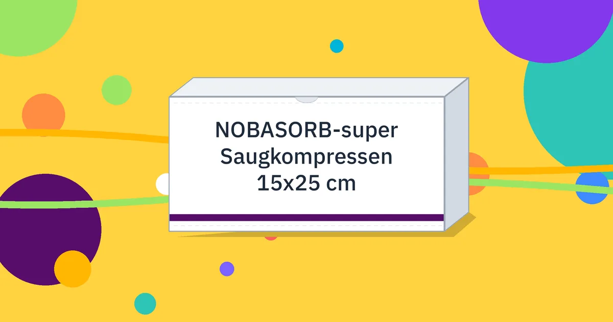 Symbolbild: Packung mit der Aufschrift NOBASORB-super Saugkompressen 15x25 cm (PZN 18397877) – Verfügbarkeit und Bezug in Apotheken in Frankfurt am Main