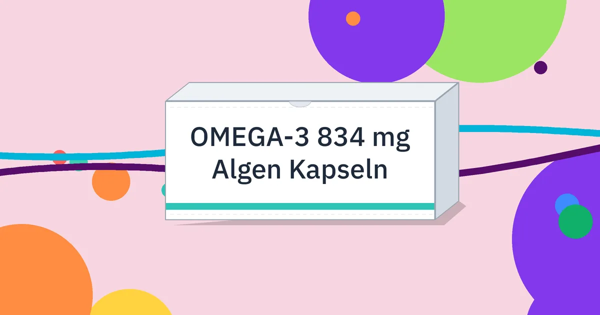 Symbolbild: Packung mit der Aufschrift OMEGA-3 834 mg Algen Kapseln (PZN 18665898) – Verfügbarkeit und Bezug in Apotheken in Frankfurt am Main