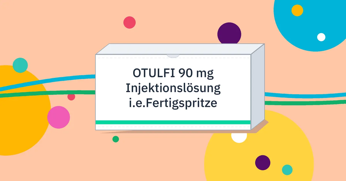 Symbolbild: Packung mit der Aufschrift OTULFI 90 mg Injektionslösung i.e.Fertigspritze (PZN 20165105) – Verfügbarkeit und Bezug in Apotheken in Frankfurt am Main