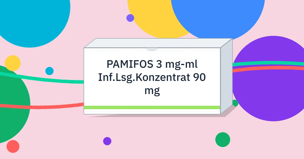 Symbolbild: Packung mit der Aufschrift PAMIFOS 3 mg-ml Inf.Lsg.Konzentrat 90 mg (PZN 03162335) – Verfügbarkeit und Bezug in Apotheken in Frankfurt am Main