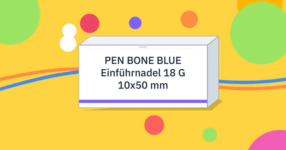 Symbolbild: Packung mit der Aufschrift PEN BONE BLUE Einführnadel 18 G 10x50 mm (PZN 16919886) – Verfügbarkeit und Bezug in Apotheken in Frankfurt am Main