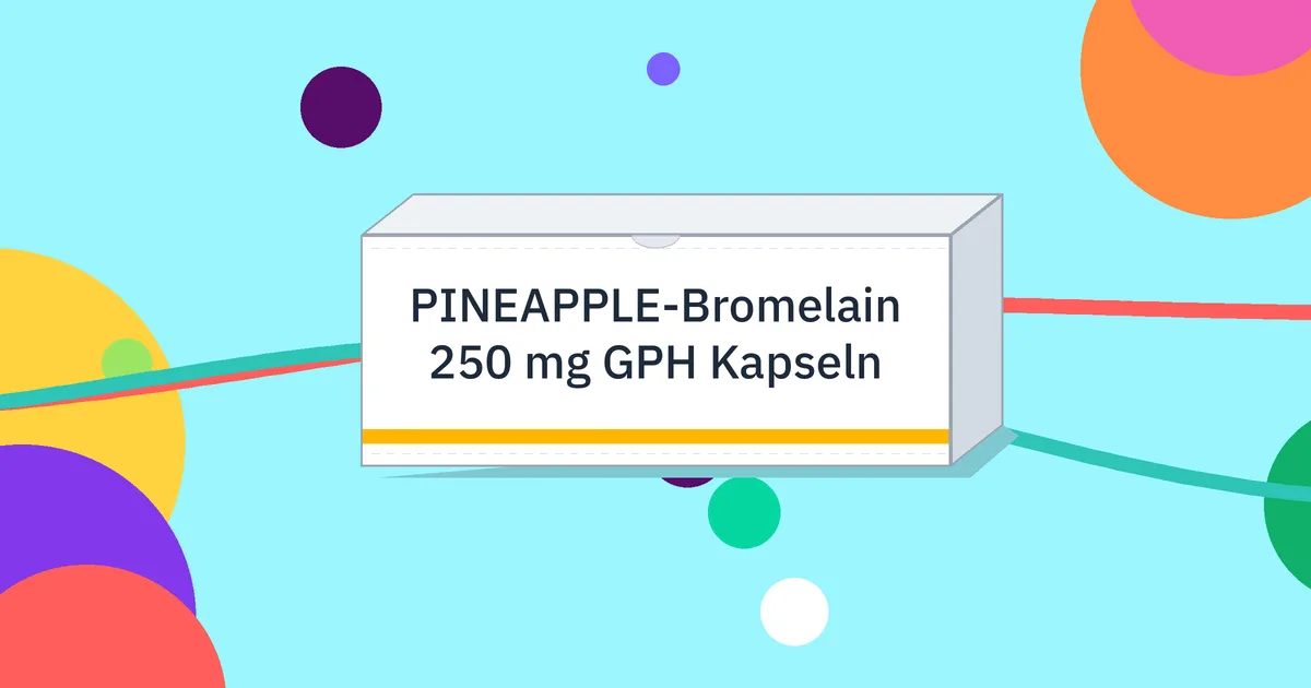 Symbolbild: Packung mit der Aufschrift PINEAPPLE-Bromelain 250 mg GPH Kapseln (PZN 02568911) – Verfügbarkeit und Bezug in Apotheken in Frankfurt am Main