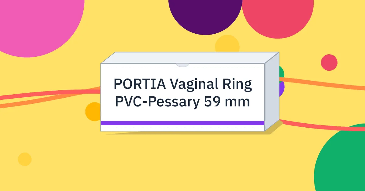 Symbolbild: Packung mit der Aufschrift PORTIA Vaginal Ring PVC-Pessary 59 mm (PZN 12742913) – Verfügbarkeit und Bezug in Apotheken in Frankfurt am Main