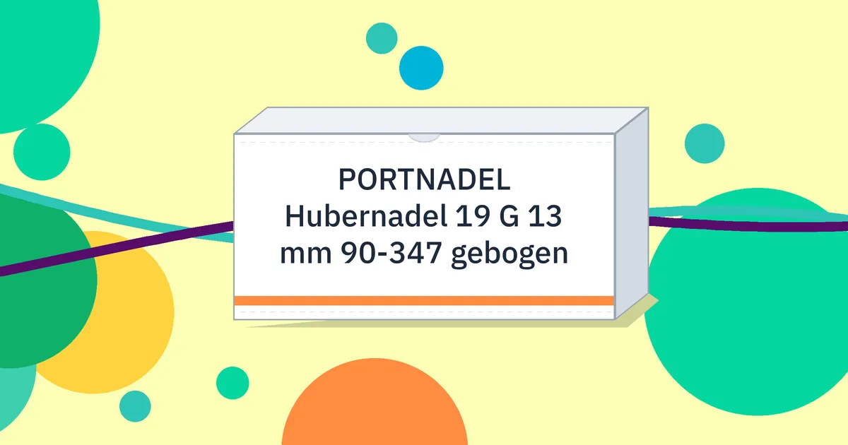 Symbolbild: Packung mit der Aufschrift PORTNADEL Hubernadel 19 G 13 mm 90-347 gebogen (PZN 02756676) – Verfügbarkeit und Bezug in Apotheken in Frankfurt am Main