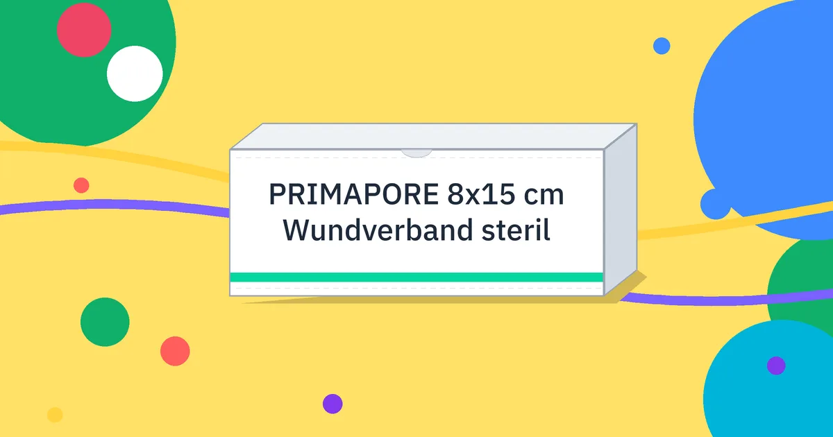 Symbolbild: Packung mit der Aufschrift PRIMAPORE 8x15 cm Wundverband steril (PZN 03305705) – Verfügbarkeit und Bezug in Apotheken in Frankfurt am Main