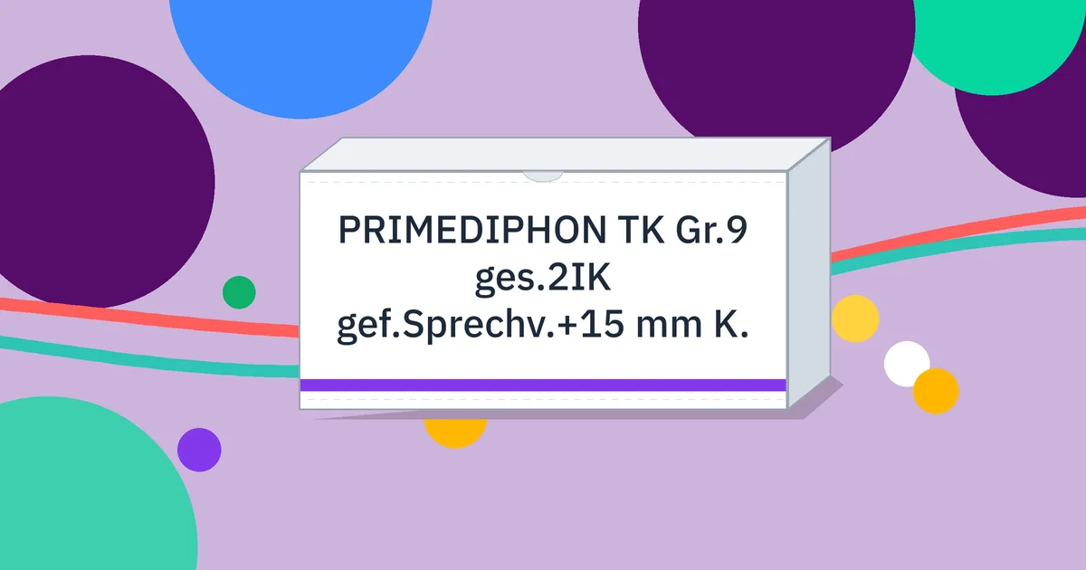 Symbolbild: Packung mit der Aufschrift PRIMEDIPHON TK Gr.9 ges.2IK gef.Sprechv.+15 mm K. (PZN 10282494) – Verfügbarkeit und Bezug in Apotheken in Frankfurt am Main