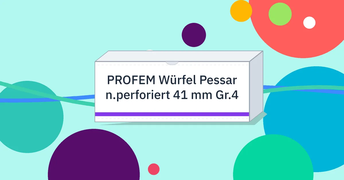 Symbolbild: Packung mit der Aufschrift PROFEM Würfel Pessar n.perforiert 41 mm Gr.4 (PZN 11672889) – Verfügbarkeit und Bezug in Apotheken in Frankfurt am Main