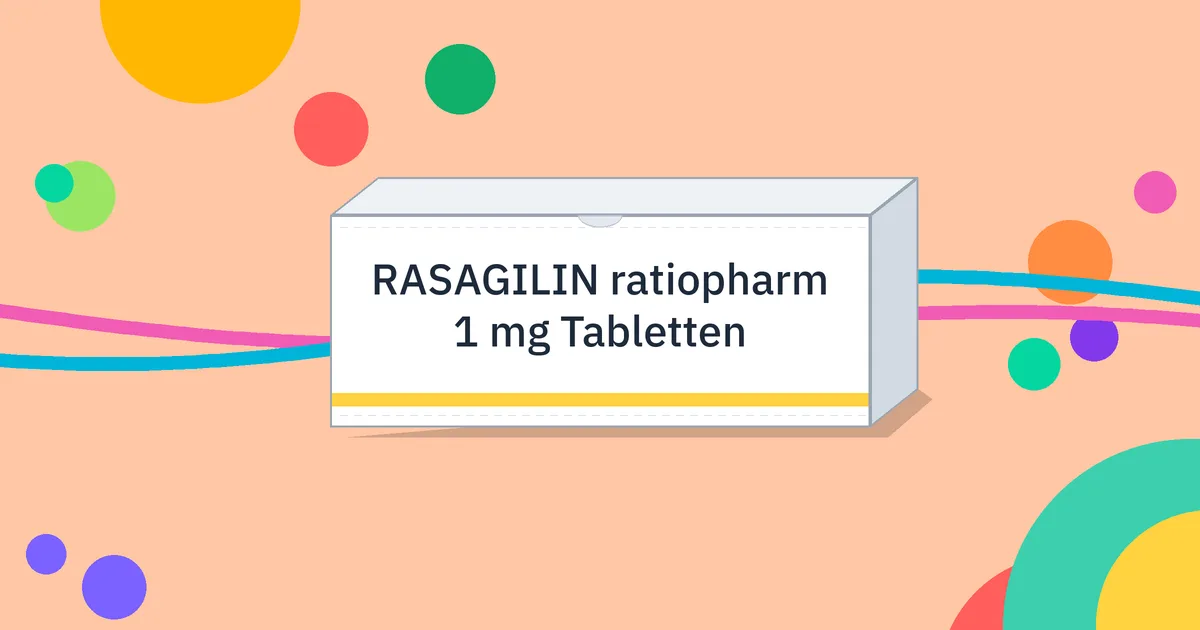 Symbolbild: Packung mit der Aufschrift RASAGILIN ratiopharm 1 mg Tabletten (PZN 18187387) – Verfügbarkeit und Bezug in Apotheken in Frankfurt am Main