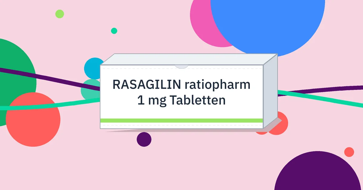 Symbolbild: Packung mit der Aufschrift RASAGILIN ratiopharm 1 mg Tabletten (PZN 19132744) – Verfügbarkeit und Bezug in Apotheken in Frankfurt am Main