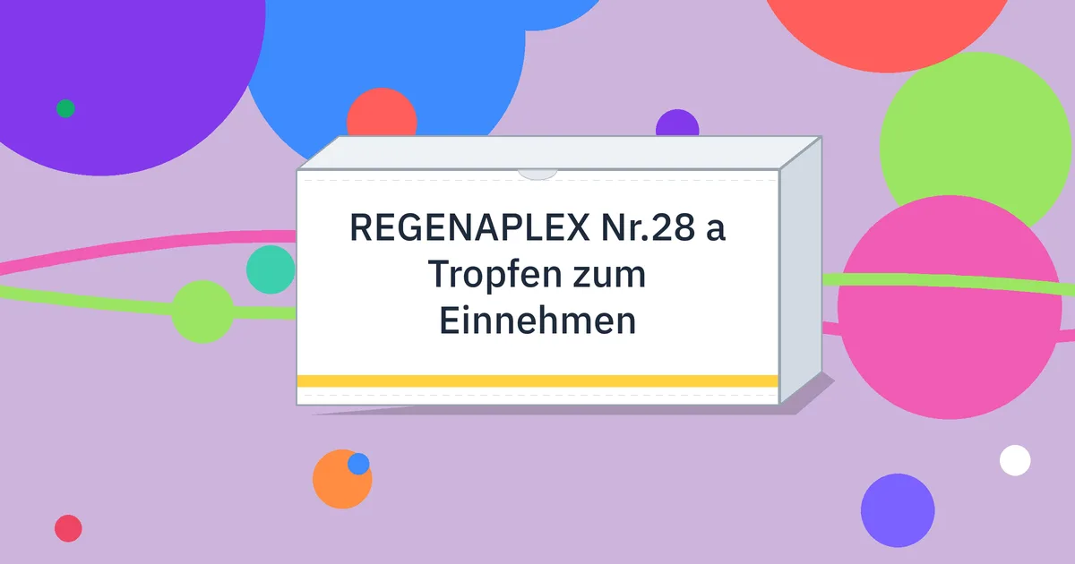Symbolbild: Packung mit der Aufschrift REGENAPLEX Nr.28 a Tropfen zum Einnehmen (PZN 02642286) – Verfügbarkeit und Bezug in Apotheken in Frankfurt am Main