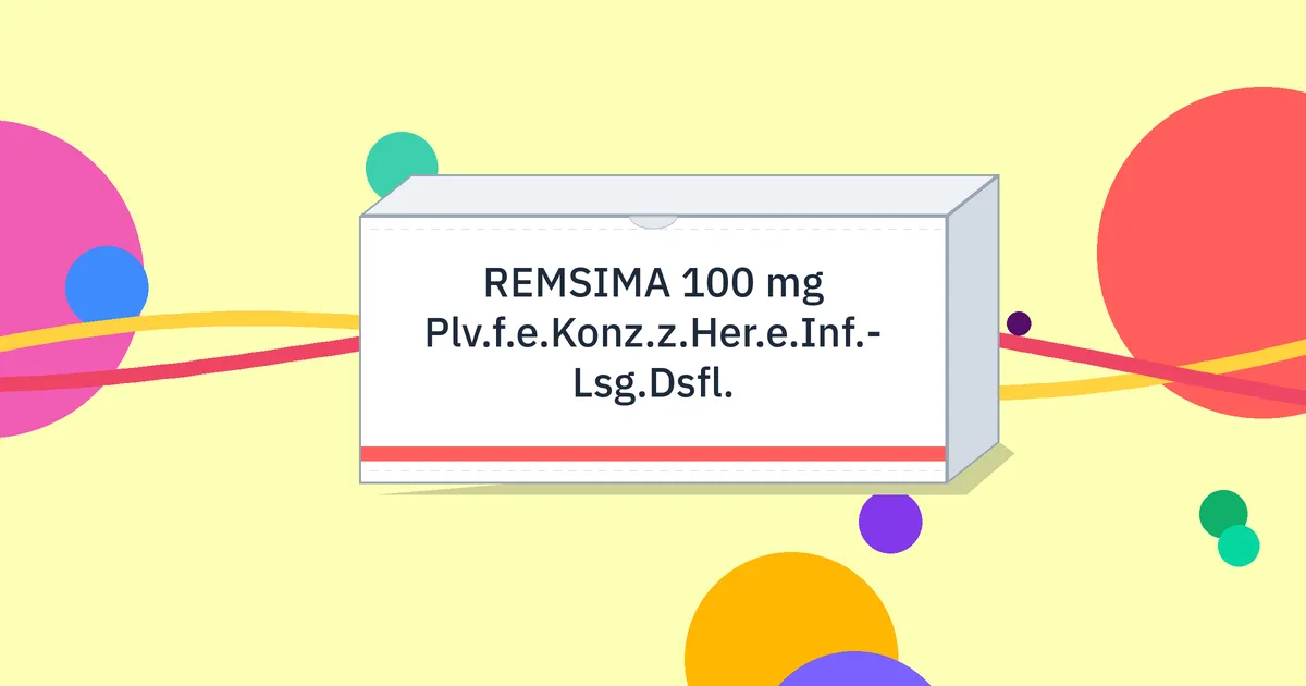 Symbolbild: Packung mit der Aufschrift REMSIMA 100 mg Plv.f.e.Konz.z.Her.e.Inf.-Lsg.Dsfl. (PZN 15433880) – Verfügbarkeit und Bezug in Apotheken in Frankfurt am Main