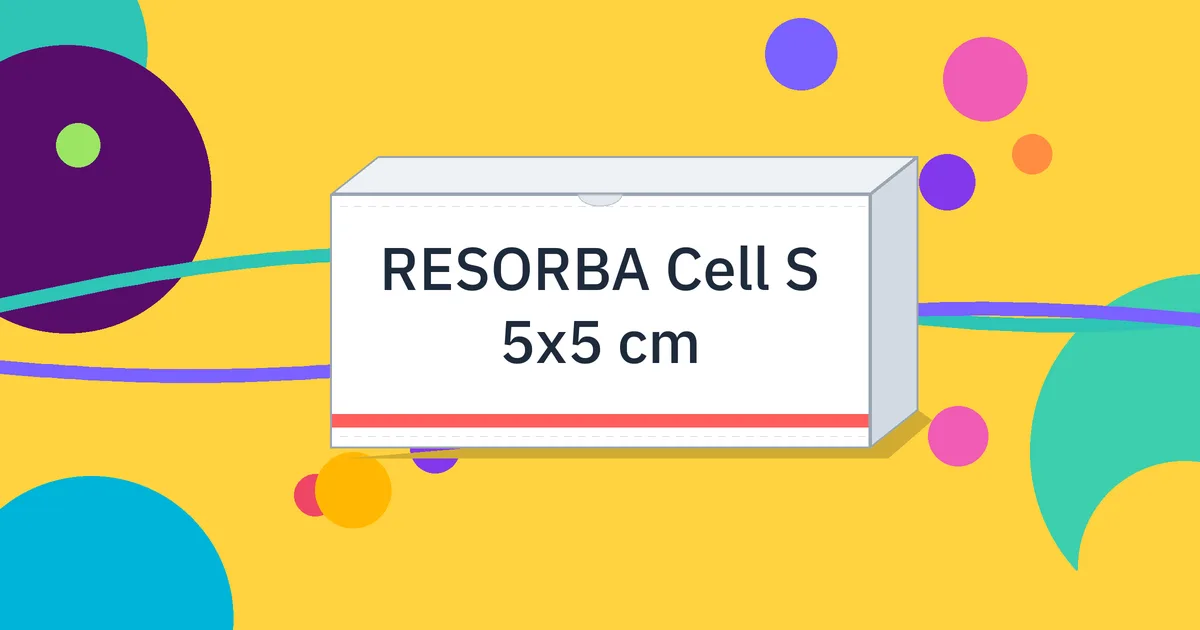 Symbolbild: Packung mit der Aufschrift RESORBA Cell S 5x5 cm (PZN 16822098) – Verfügbarkeit und Bezug in Apotheken in Frankfurt am Main