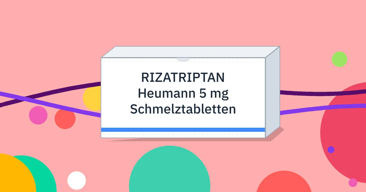 Symbolbild: Packung mit der Aufschrift RIZATRIPTAN Heumann 5 mg Schmelztabletten (PZN 11871382) – Verfügbarkeit und Bezug in Apotheken in Frankfurt am Main