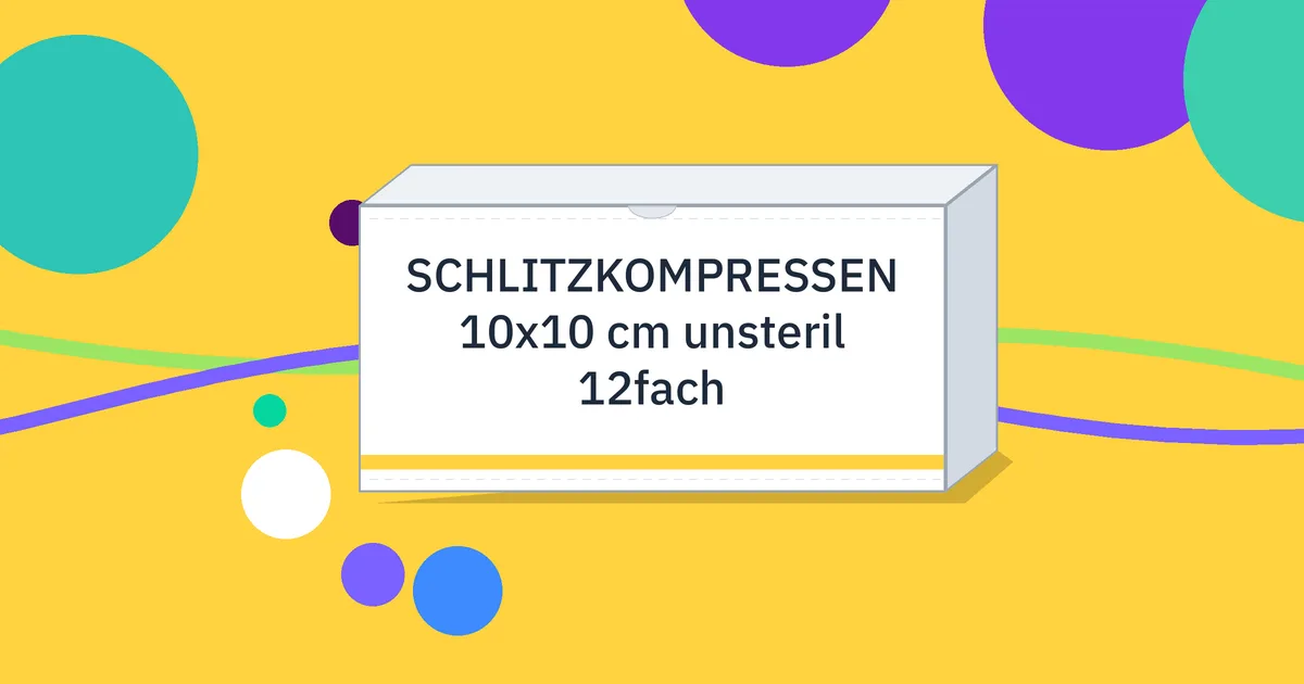 Symbolbild: Packung mit der Aufschrift SCHLITZKOMPRESSEN 10x10 cm unsteril 12fach (PZN 00120164) – Verfügbarkeit und Bezug in Apotheken in Frankfurt am Main