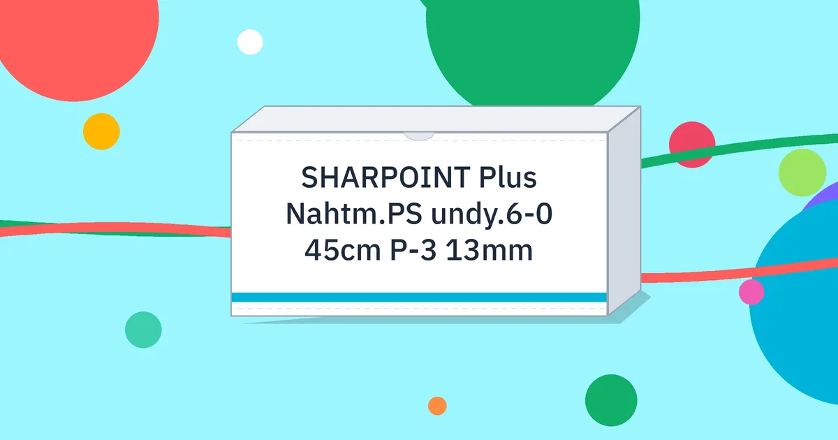 Symbolbild: Packung mit der Aufschrift SHARPOINT Plus Nahtm.PS undy.6-0 45cm P-3 13mm (PZN 17995292) – Verfügbarkeit und Bezug in Apotheken in Frankfurt am Main