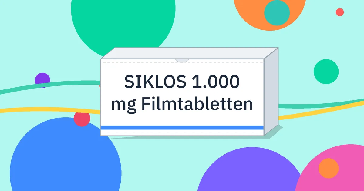 Symbolbild: Packung mit der Aufschrift SIKLOS 1.000 mg Filmtabletten (PZN 10761734) – Verfügbarkeit und Bezug in Apotheken in Frankfurt am Main