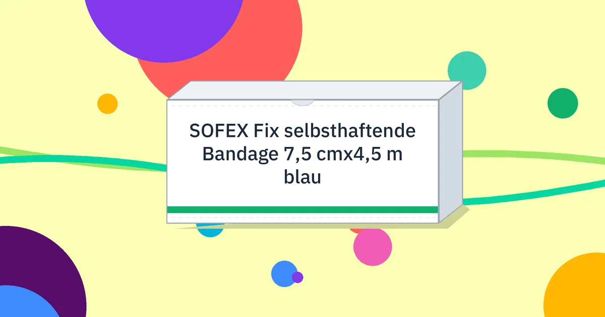 Symbolbild: Packung mit der Aufschrift SOFEX Fix selbsthaftende Bandage 7,5 cmx4,5 m blau (PZN 18219443) – Verfügbarkeit und Bezug in Apotheken in Frankfurt am Main