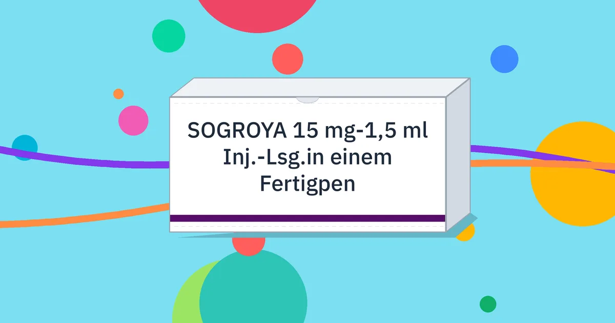Symbolbild: Packung mit der Aufschrift SOGROYA 15 mg-1,5 ml Inj.-Lsg.in einem Fertigpen (PZN 20298958) – Verfügbarkeit und Bezug in Apotheken in Frankfurt am Main