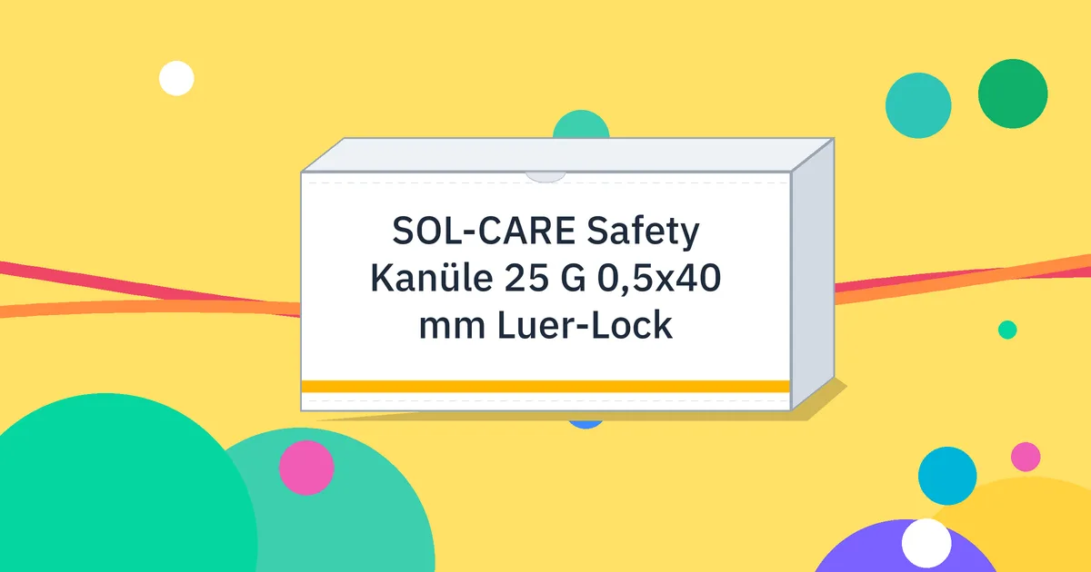 Symbolbild: Packung mit der Aufschrift SOL-CARE Safety Kanüle 25 G 0,5x40 mm Luer-Lock (PZN 17391401) – Verfügbarkeit und Bezug in Apotheken in Frankfurt am Main