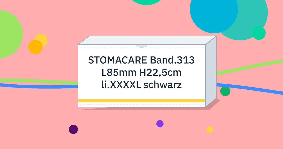 Symbolbild: Packung mit der Aufschrift STOMACARE Band.313 L85mm H22,5cm li.XXXXL schwarz (PZN 10841611) – Verfügbarkeit und Bezug in Apotheken in Frankfurt am Main