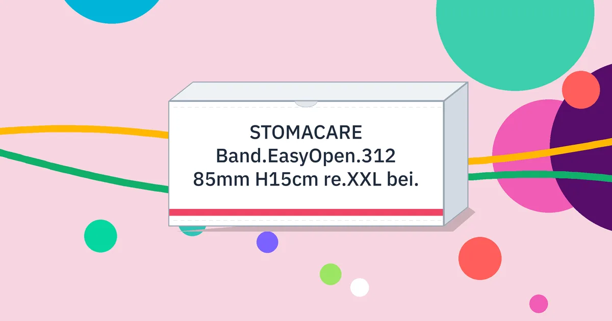 Symbolbild: Packung mit der Aufschrift STOMACARE Band.EasyOpen.312 85mm H15cm re.XXL bei. (PZN 09437968) – Verfügbarkeit und Bezug in Apotheken in Frankfurt am Main