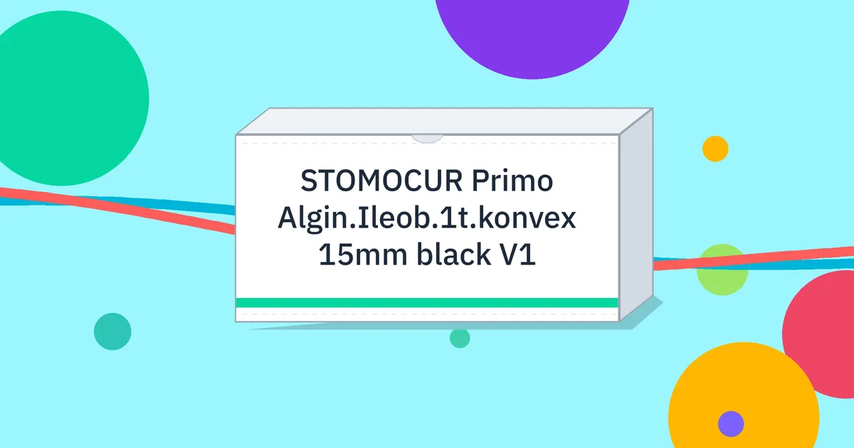 Symbolbild: Packung mit der Aufschrift STOMOCUR Primo Algin.Ileob.1t.konvex 15mm black V1 (PZN 19536832) – Verfügbarkeit und Bezug in Apotheken in Frankfurt am Main