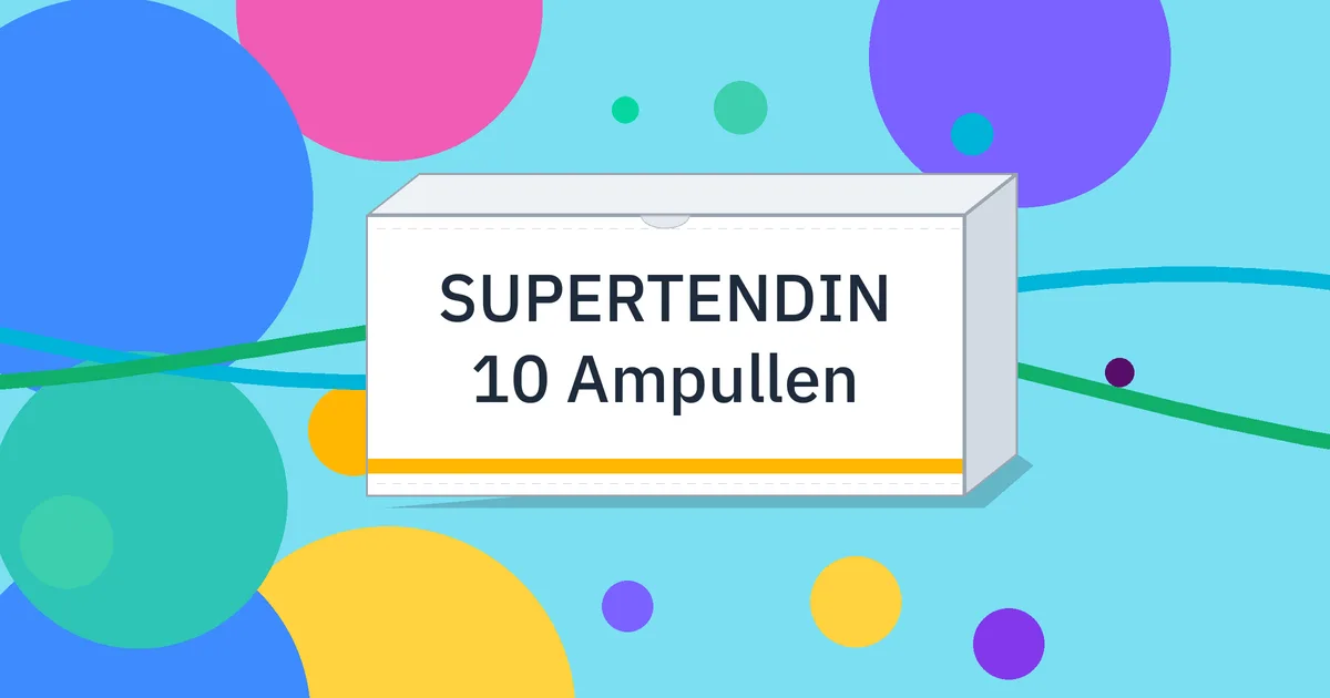 Symbolbild: Packung mit der Aufschrift SUPERTENDIN 10 Ampullen (PZN 01690484) – Verfügbarkeit und Bezug in Apotheken in Frankfurt am Main