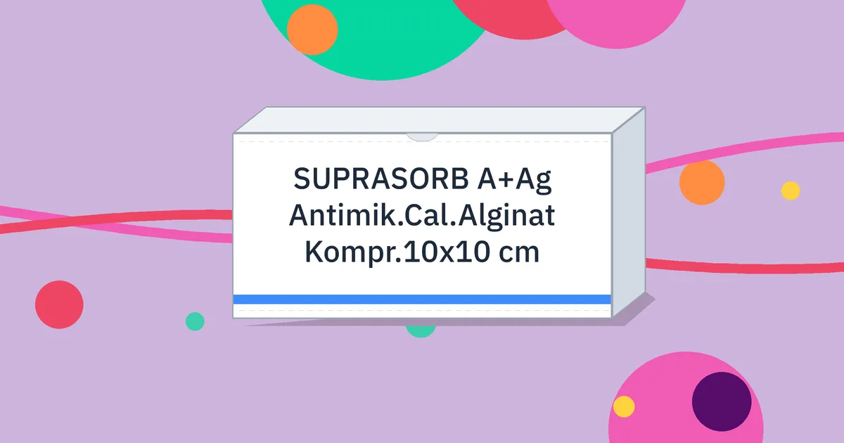 Symbolbild: Packung mit der Aufschrift SUPRASORB A+Ag Antimik.Cal.Alginat Kompr.10x10 cm (PZN 19814478) – Verfügbarkeit und Bezug in Apotheken in Frankfurt am Main