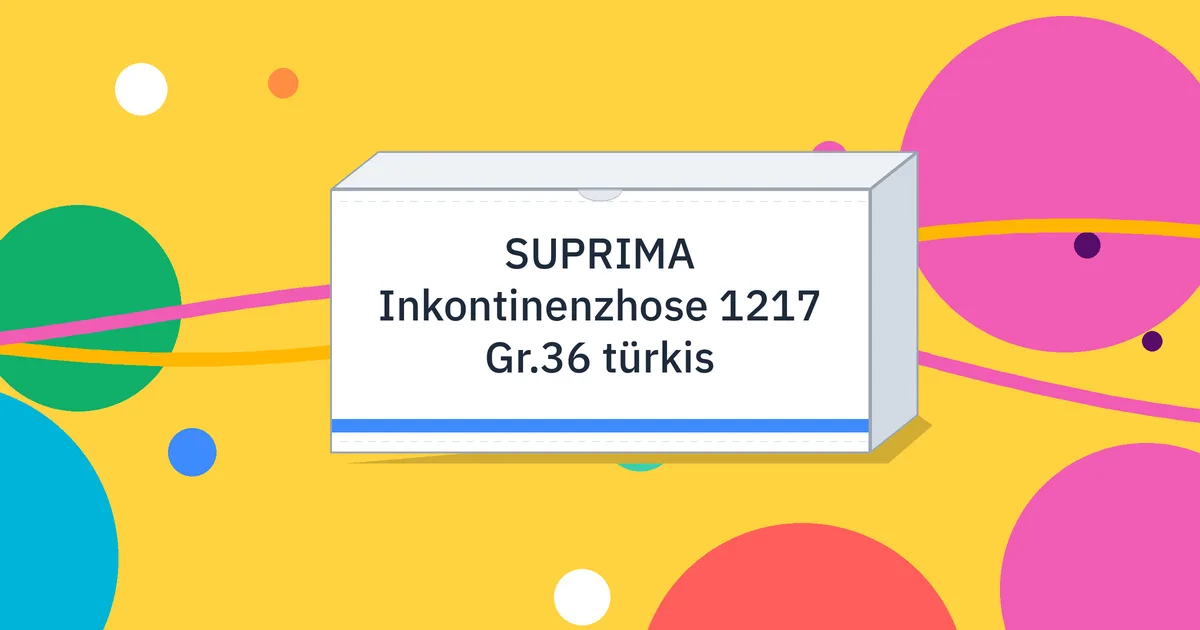 Symbolbild: Packung mit der Aufschrift SUPRIMA Inkontinenzhose 1217 Gr.36 türkis (PZN 19174441) – Verfügbarkeit und Bezug in Apotheken in Frankfurt am Main