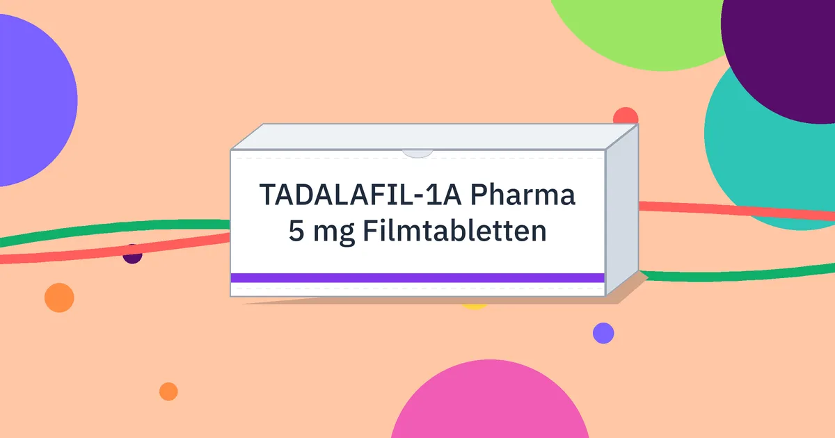 Symbolbild: Packung mit der Aufschrift TADALAFIL-1A Pharma 5 mg Filmtabletten (PZN 13167782) – Verfügbarkeit und Bezug in Apotheken in Frankfurt am Main