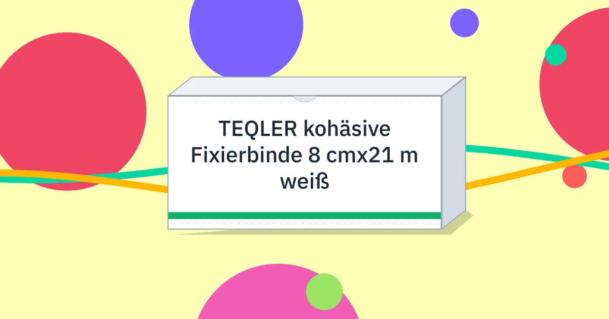 Symbolbild: Packung mit der Aufschrift TEQLER kohäsive Fixierbinde 8 cmx21 m weiß (PZN 19209429) – Verfügbarkeit und Bezug in Apotheken in Frankfurt am Main
