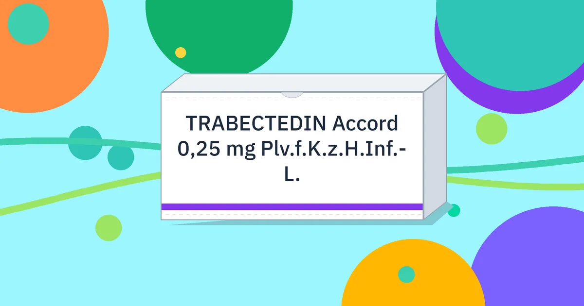 Symbolbild: Packung mit der Aufschrift TRABECTEDIN Accord 0,25 mg Plv.f.K.z.H.Inf.-L. (PZN 19858671) – Verfügbarkeit und Bezug in Apotheken in Frankfurt am Main