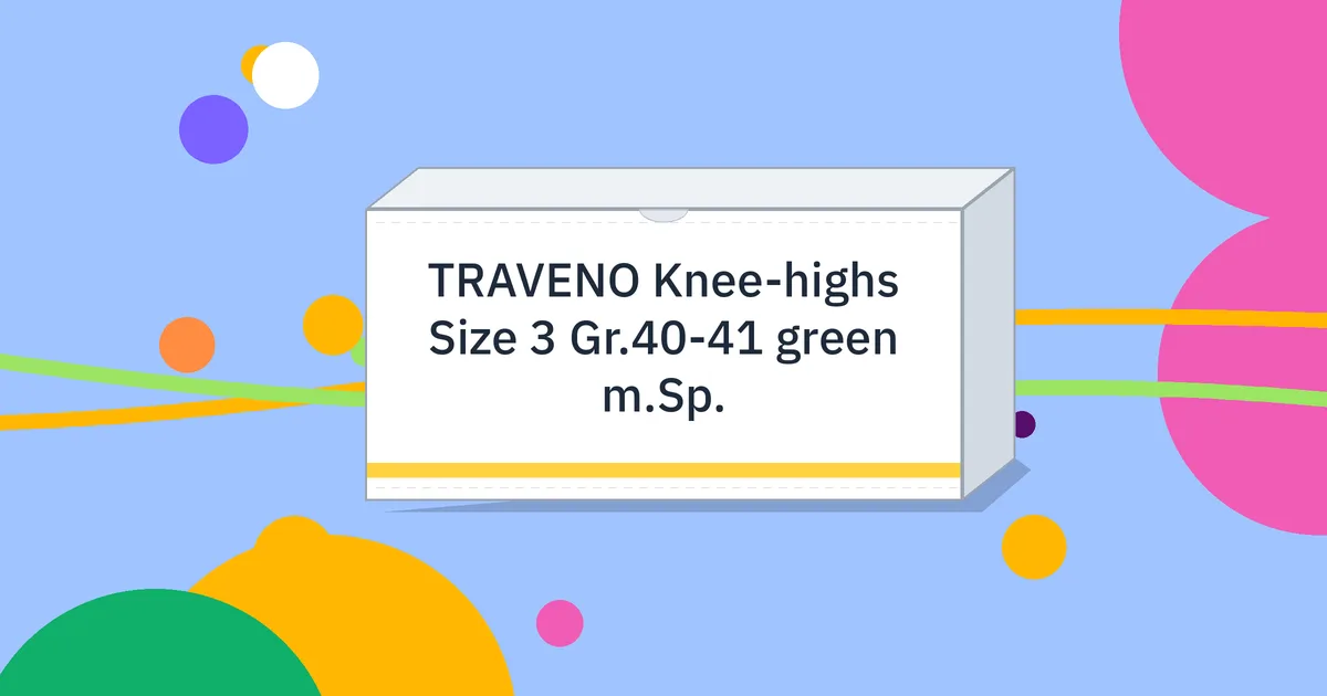 Symbolbild: Packung mit der Aufschrift TRAVENO Knee-highs Size 3 Gr.40-41 green m.Sp. (PZN 20651751) – Verfügbarkeit und Bezug in Apotheken in Frankfurt am Main