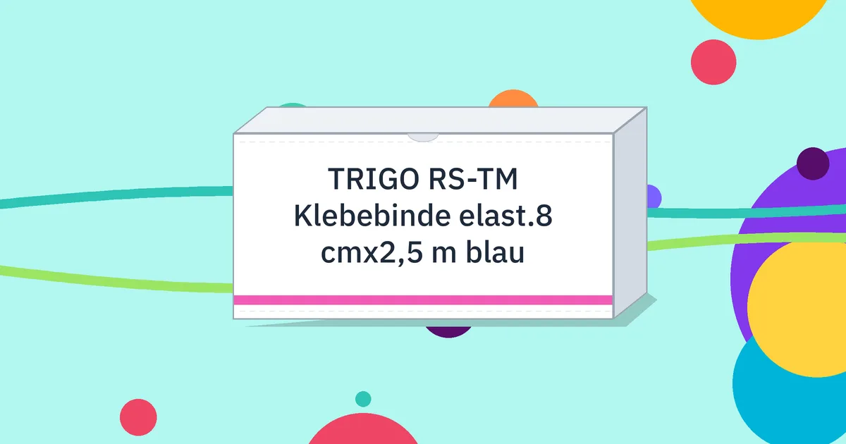 Symbolbild: Packung mit der Aufschrift TRIGO RS-TM Klebebinde elast.8 cmx2,5 m blau (PZN 20342872) – Verfügbarkeit und Bezug in Apotheken in Frankfurt am Main