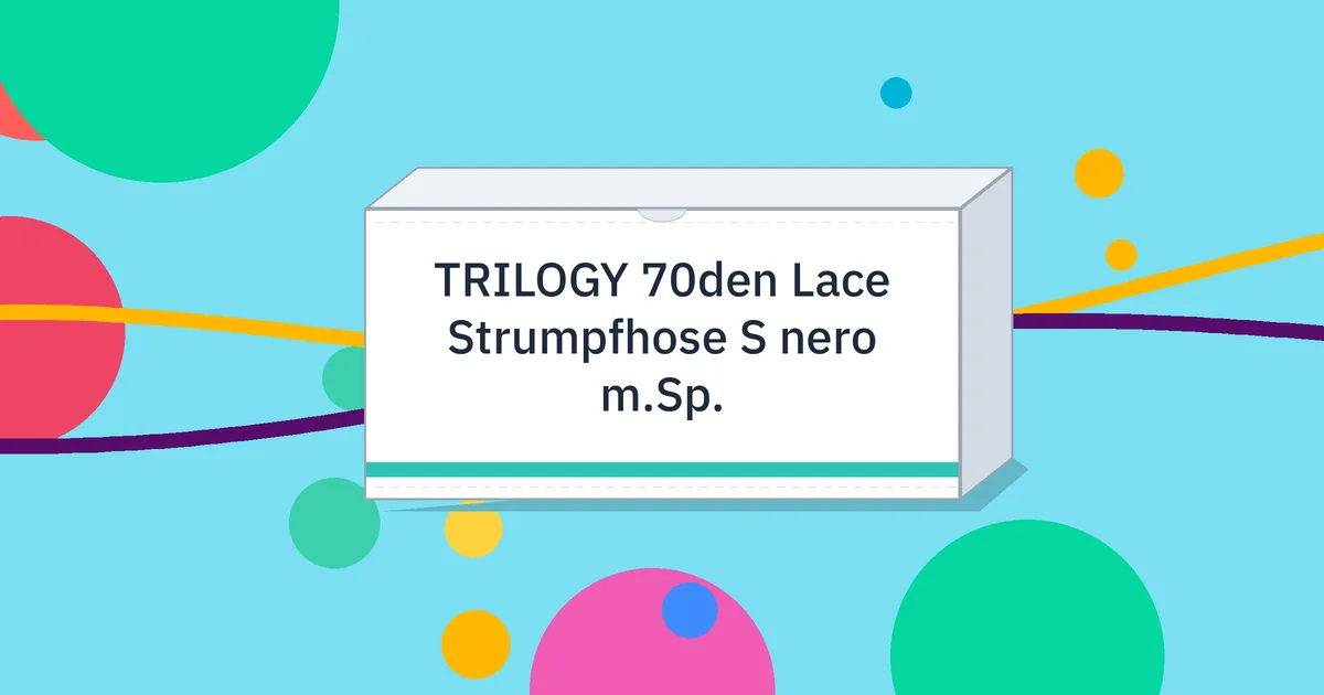 Symbolbild: Packung mit der Aufschrift TRILOGY 70den Lace Strumpfhose S nero m.Sp. (PZN 19165620) – Verfügbarkeit und Bezug in Apotheken in Frankfurt am Main